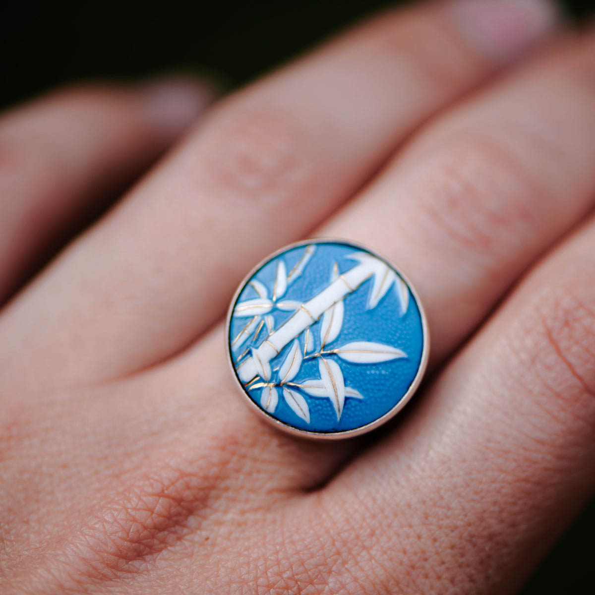 Blue & White Bamboo Satsuma Button Ring — Fusion Art Glass & Fine Jewelry
